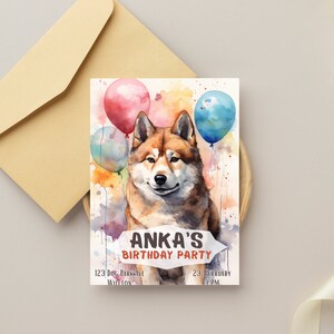 Akita Inu Birthday Invitation Card, Cute Dog Birthday Card, Watercolor ...