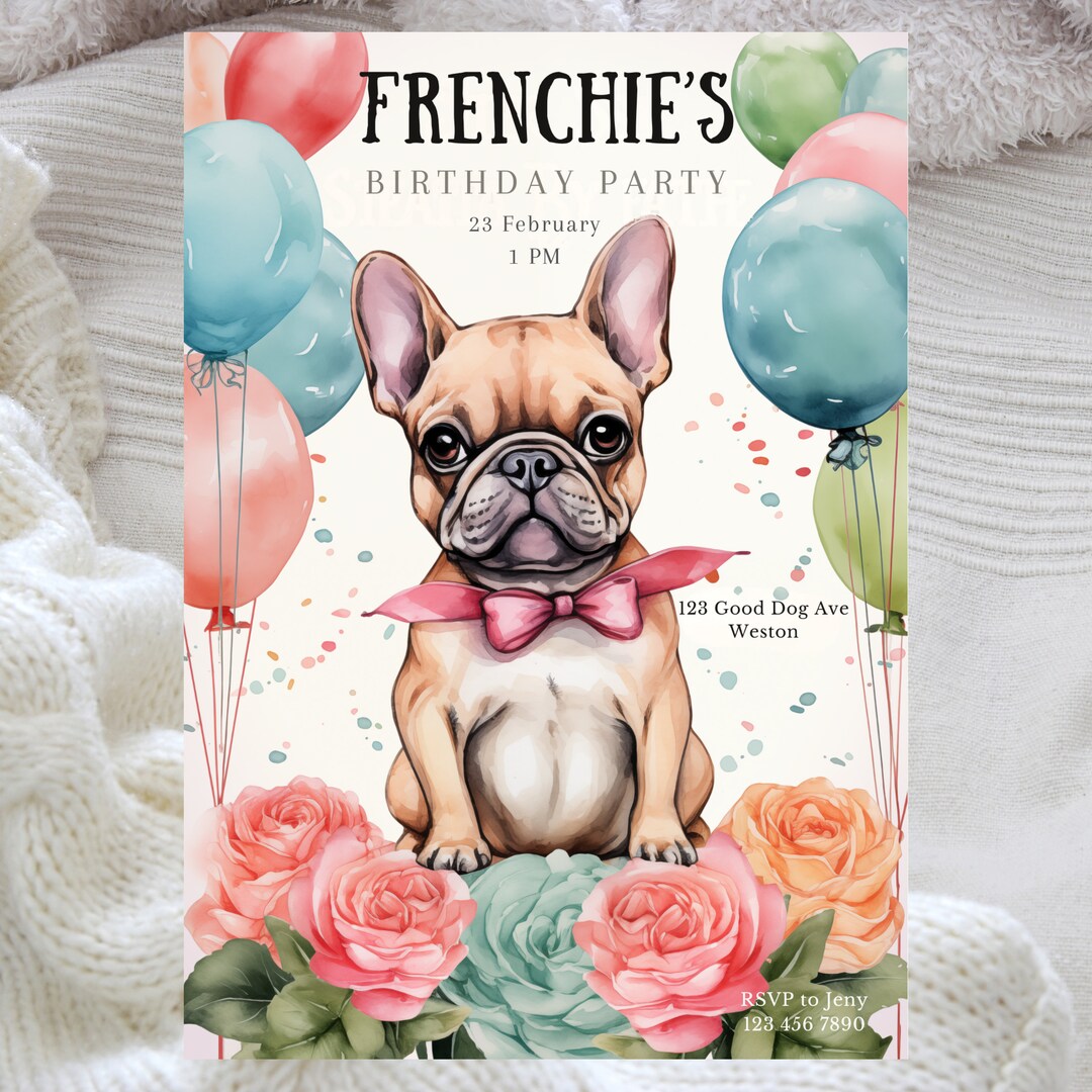 French Bulldog Birthday Invitation Card, Cute Dog Birthday Card, Dog ...