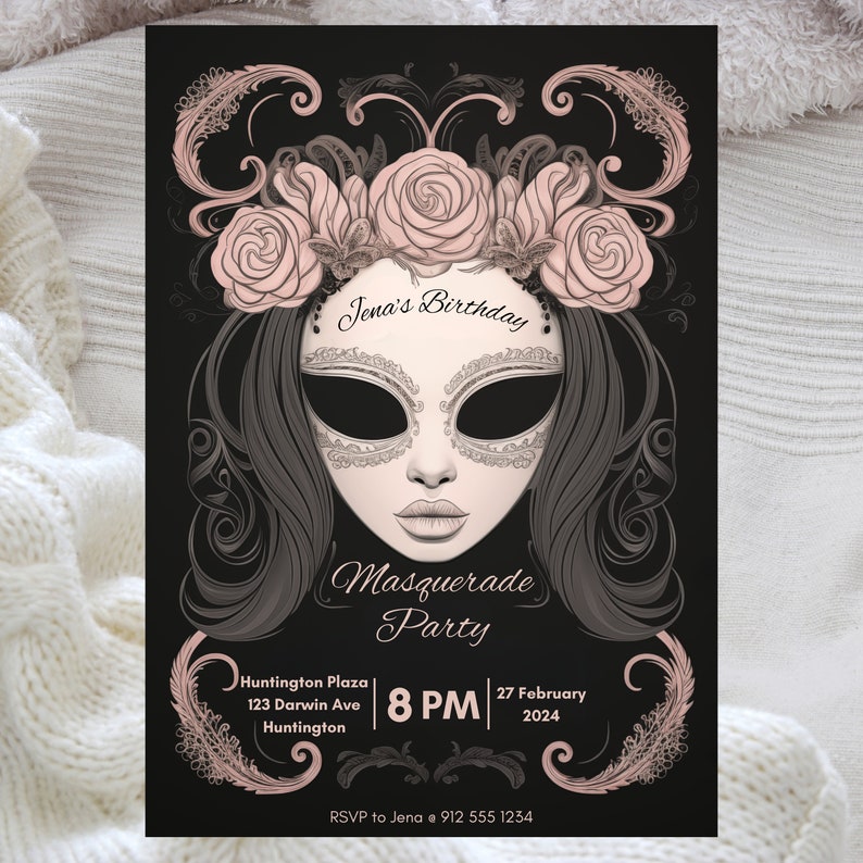 Editable Masquerade Birthday Party Invitation, Luxury Birthday Invite ...