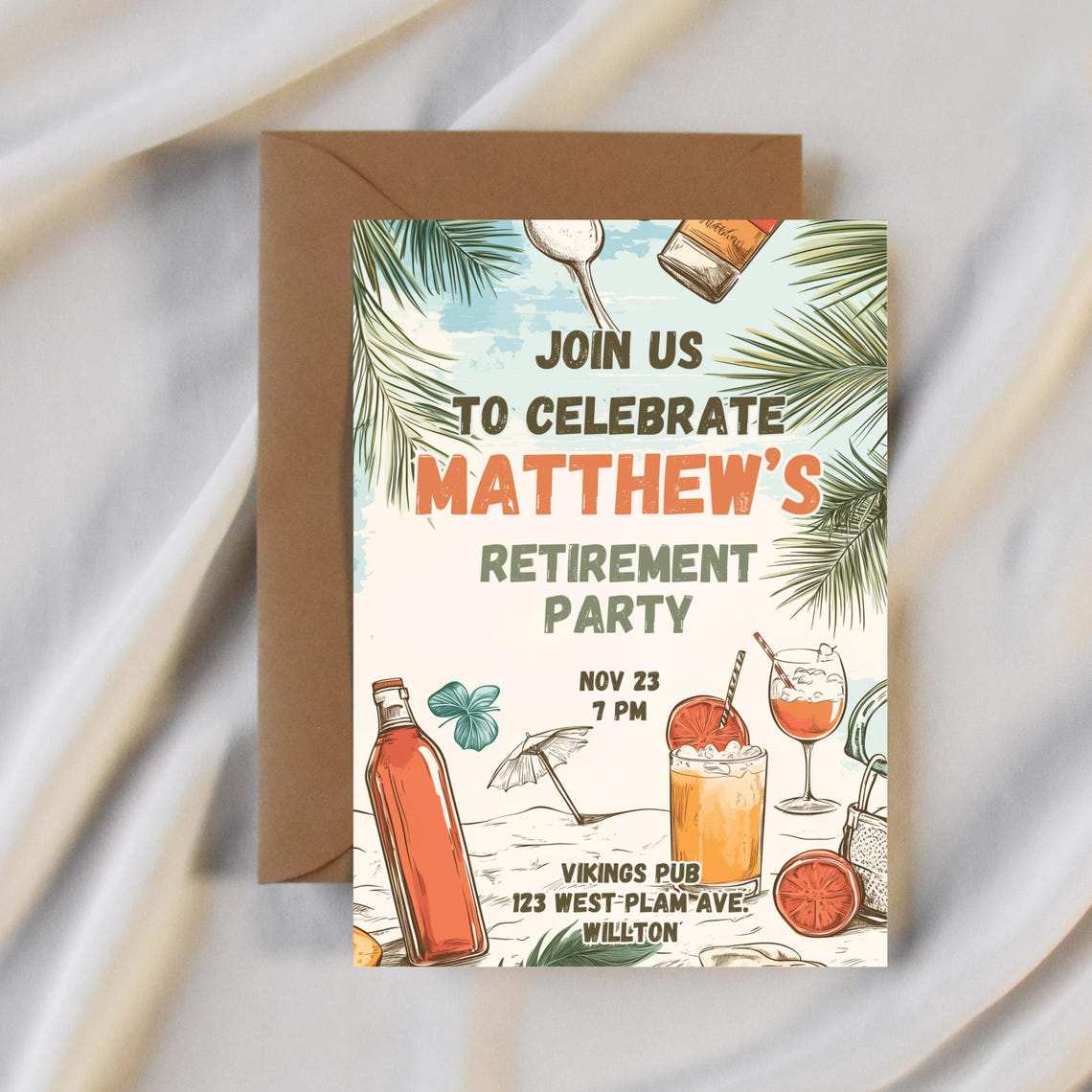 Tropical Retirement Party Invitation: Beach Drinks, Editable Template ...