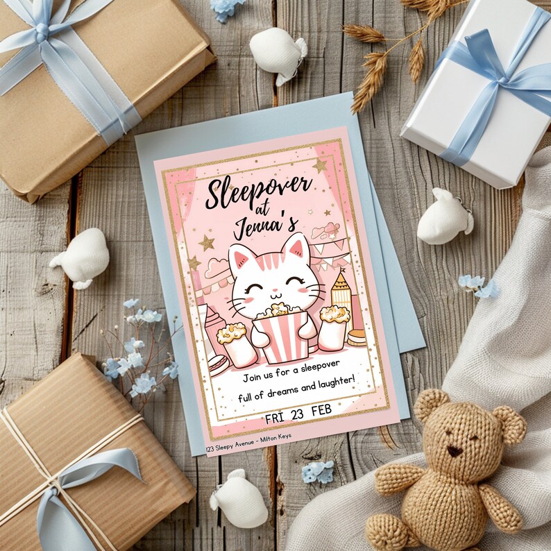 Editable Sleepover Party Invitation Slumber Party Invite Cute Cat
