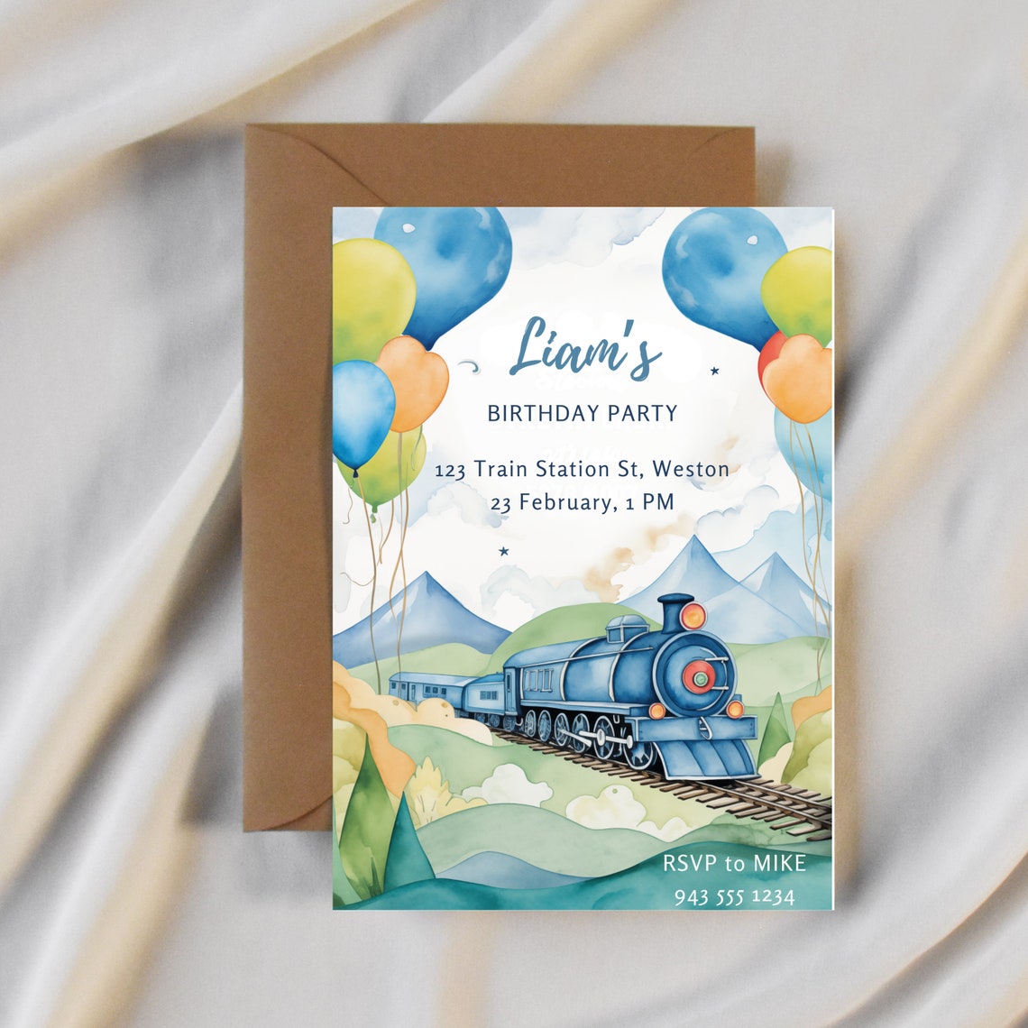 Watercolor Train Theme Birthday Party Invite, Chugga Train Invite ...