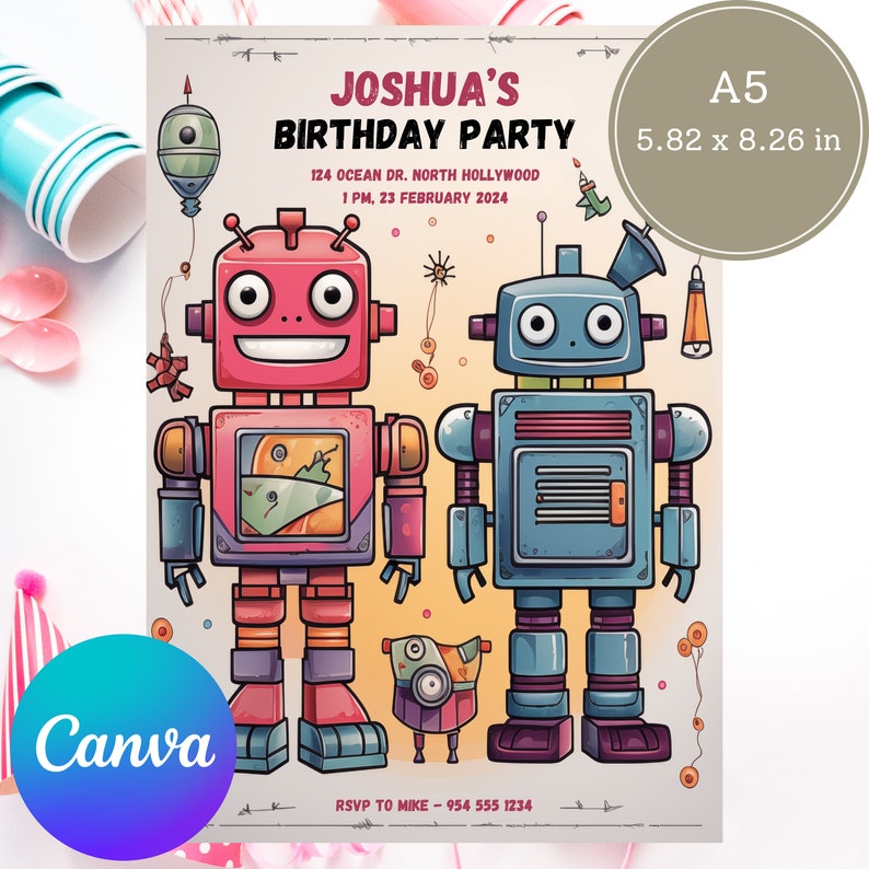 Editable Robot Birthday Invitation Template, Customisable Kids Party ...