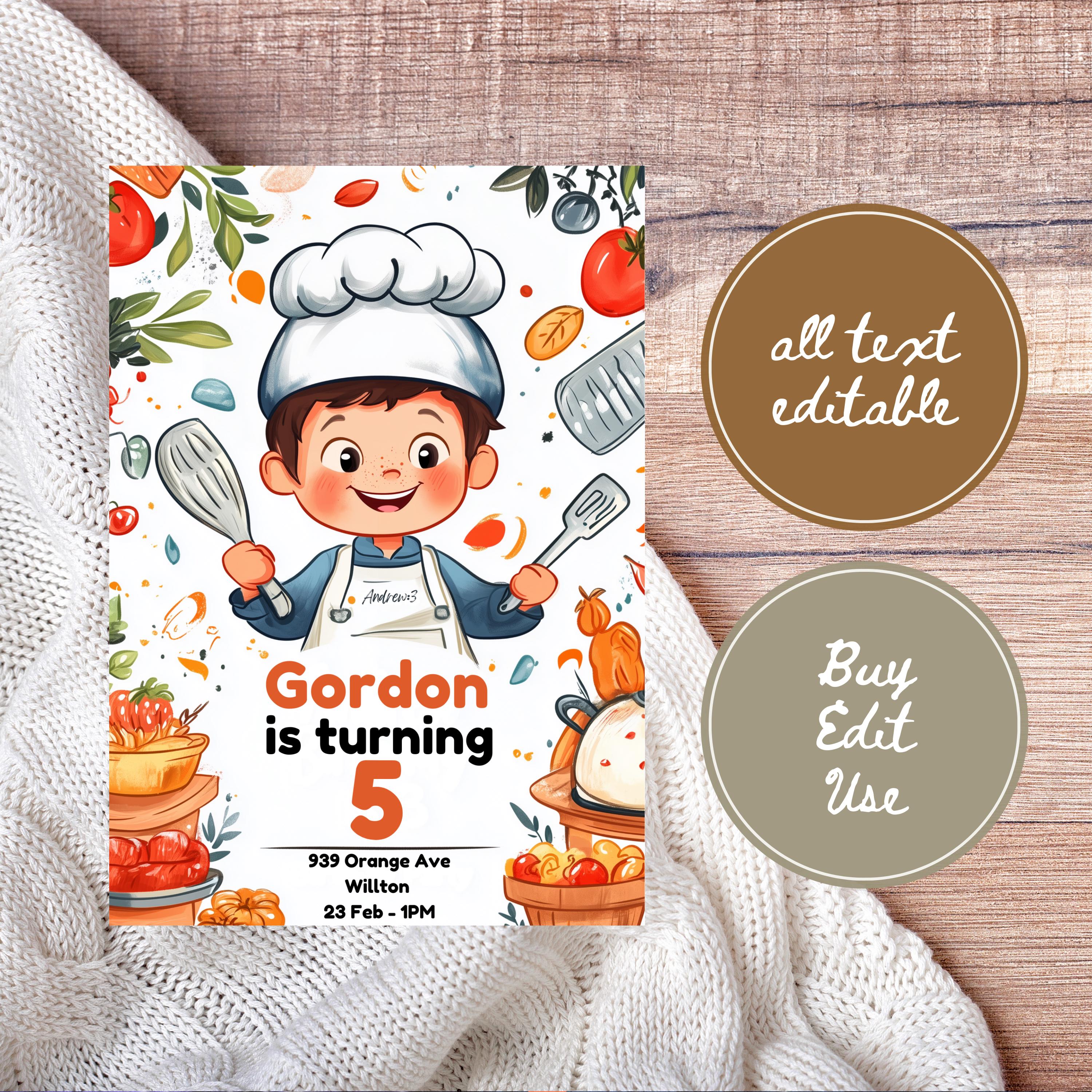 Editable Kids Cooking Birthday Invitation, Chef Party Invite, Baking ...