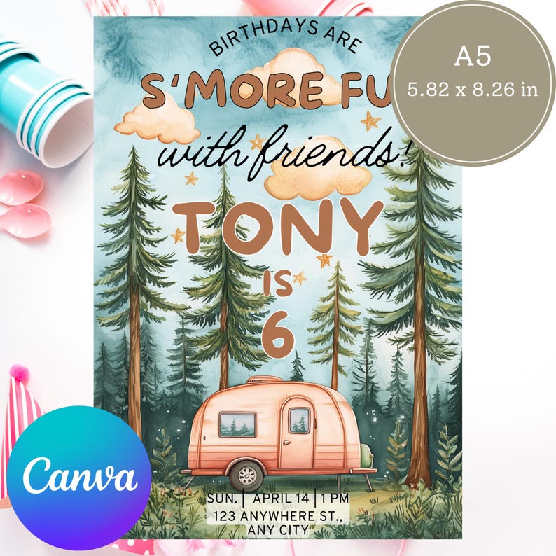 Camping Birthday Invitation, Editable Kids Party Template, Forest and ...