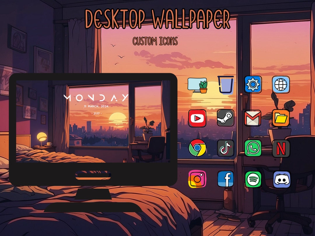 Lo-fi Sunset Bedroom Corner Desktop Wallpaper & Icons - Etsy