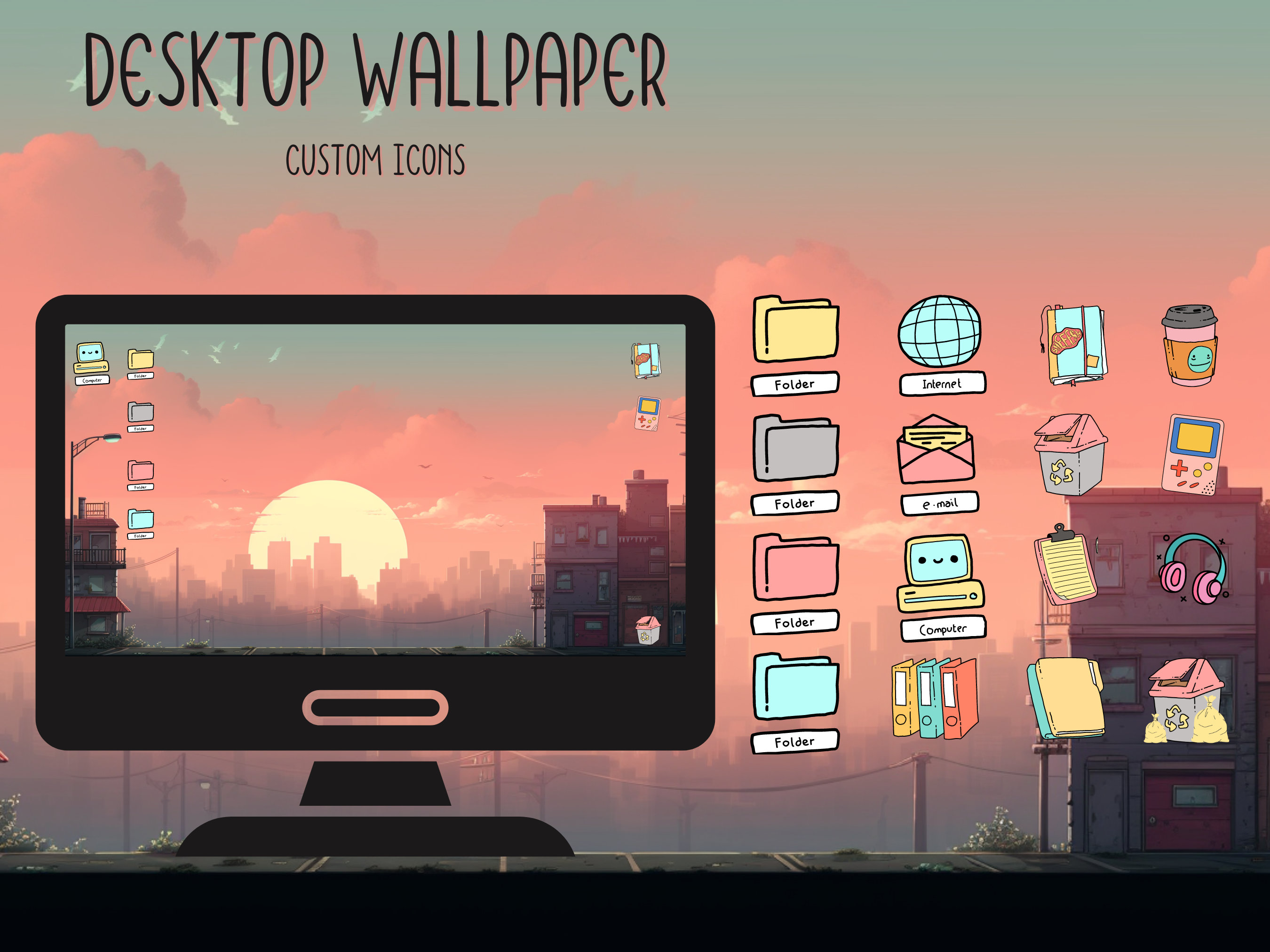Lo-fi Sunset Computer Desktop Wallpaper & Custom Icons - Etsy