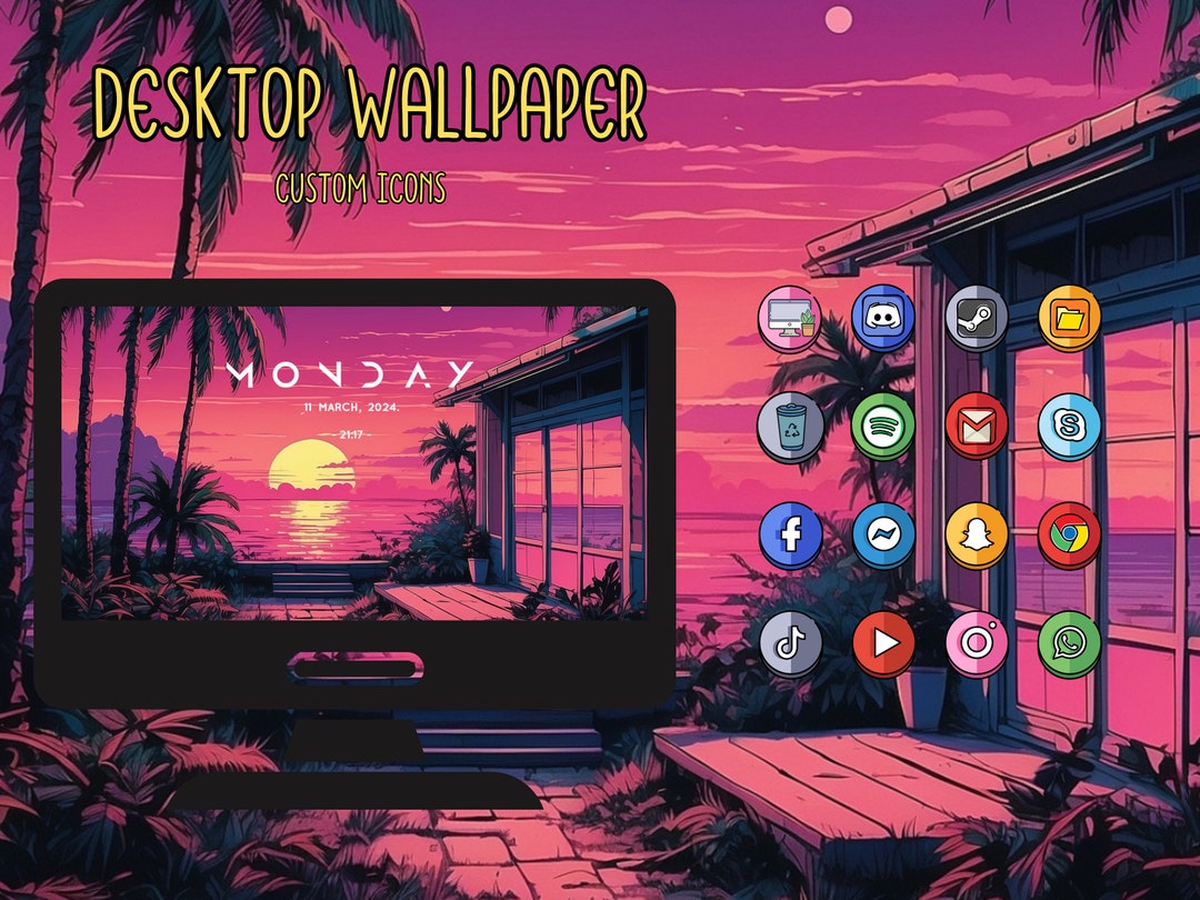 Lo-fi Sunset House on the Beach Desktop Wallpaper & Icons - Etsy