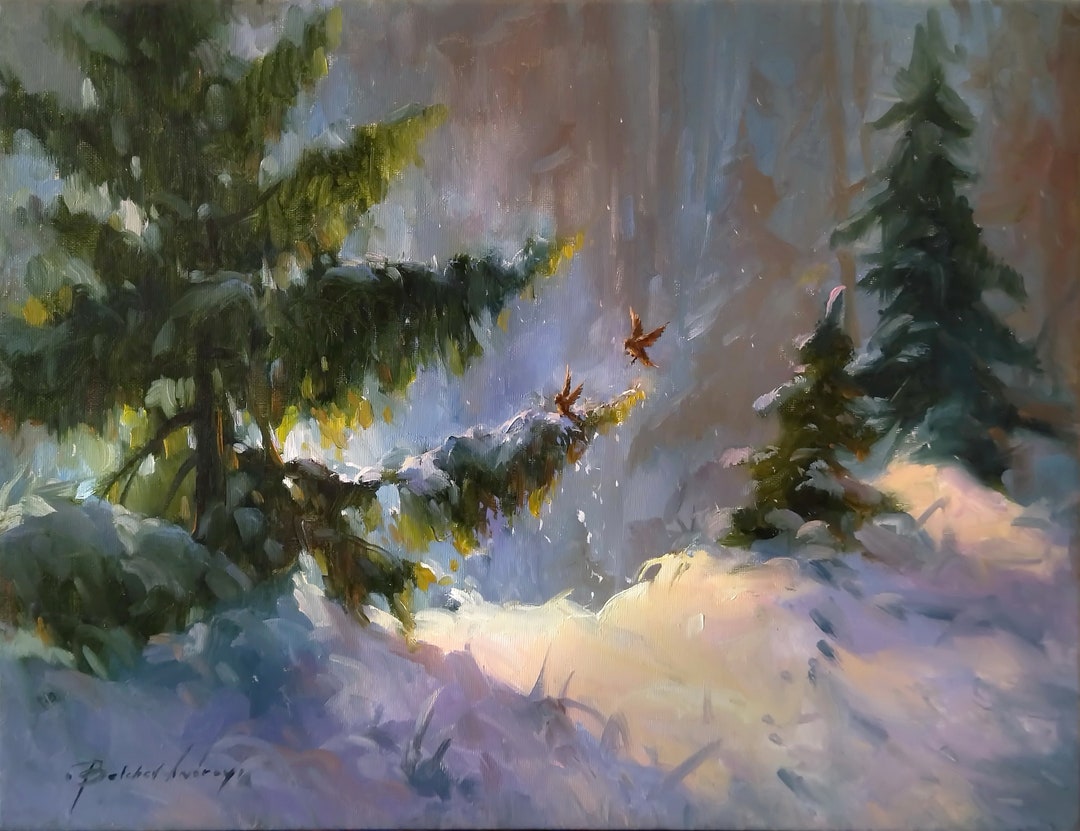Original Oil Painting. "in the Winter Forest", ANDREY BELCHEV, Oil on Canvas, Landscape Painting ...