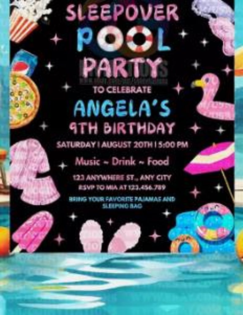 EDITABLE Pool Party Template, Sleepover Swim Pool Party Birthday Fun ...