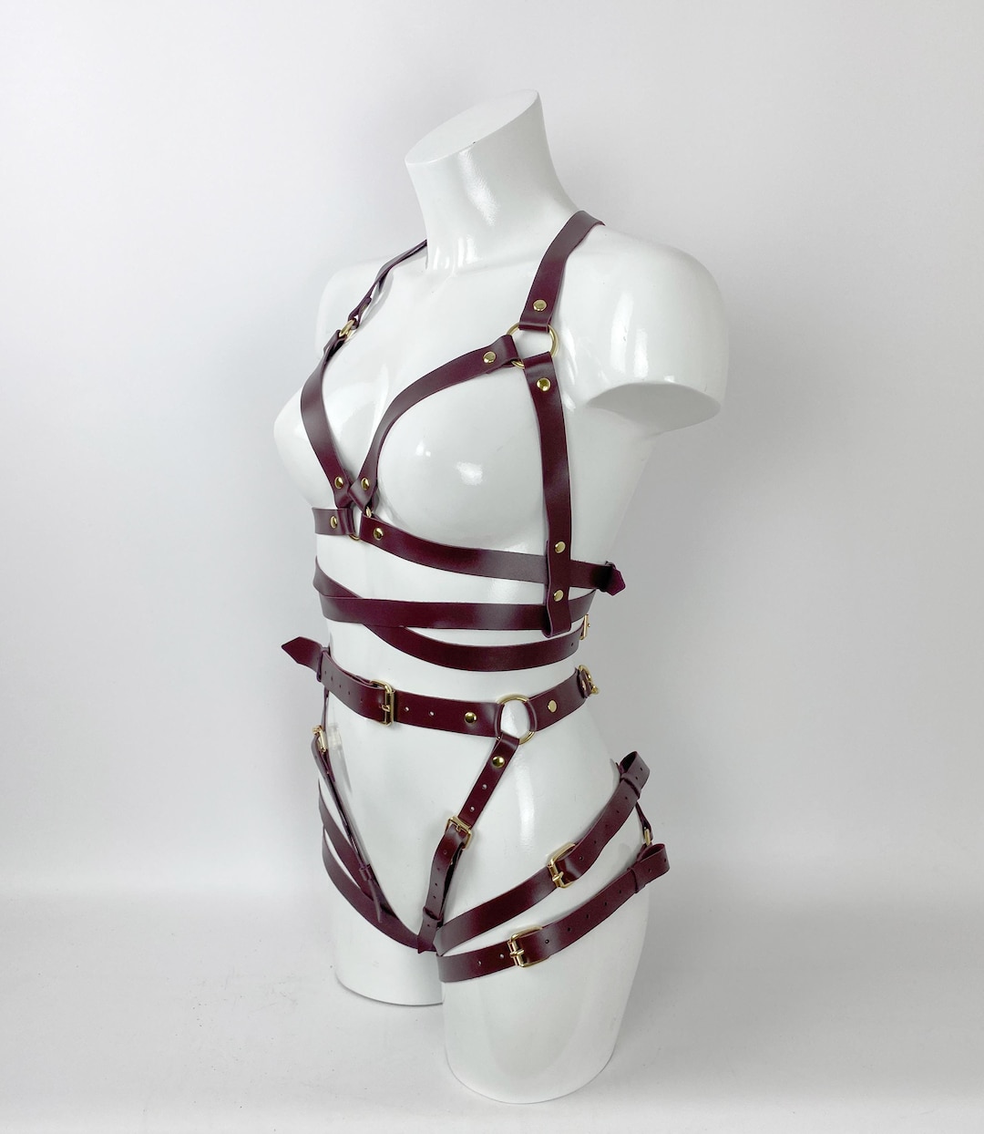 Burgundy Leather Body Harness Set, Butt Harness Bondage, Harnesess Women, BDSM Lingerie, Bust ...