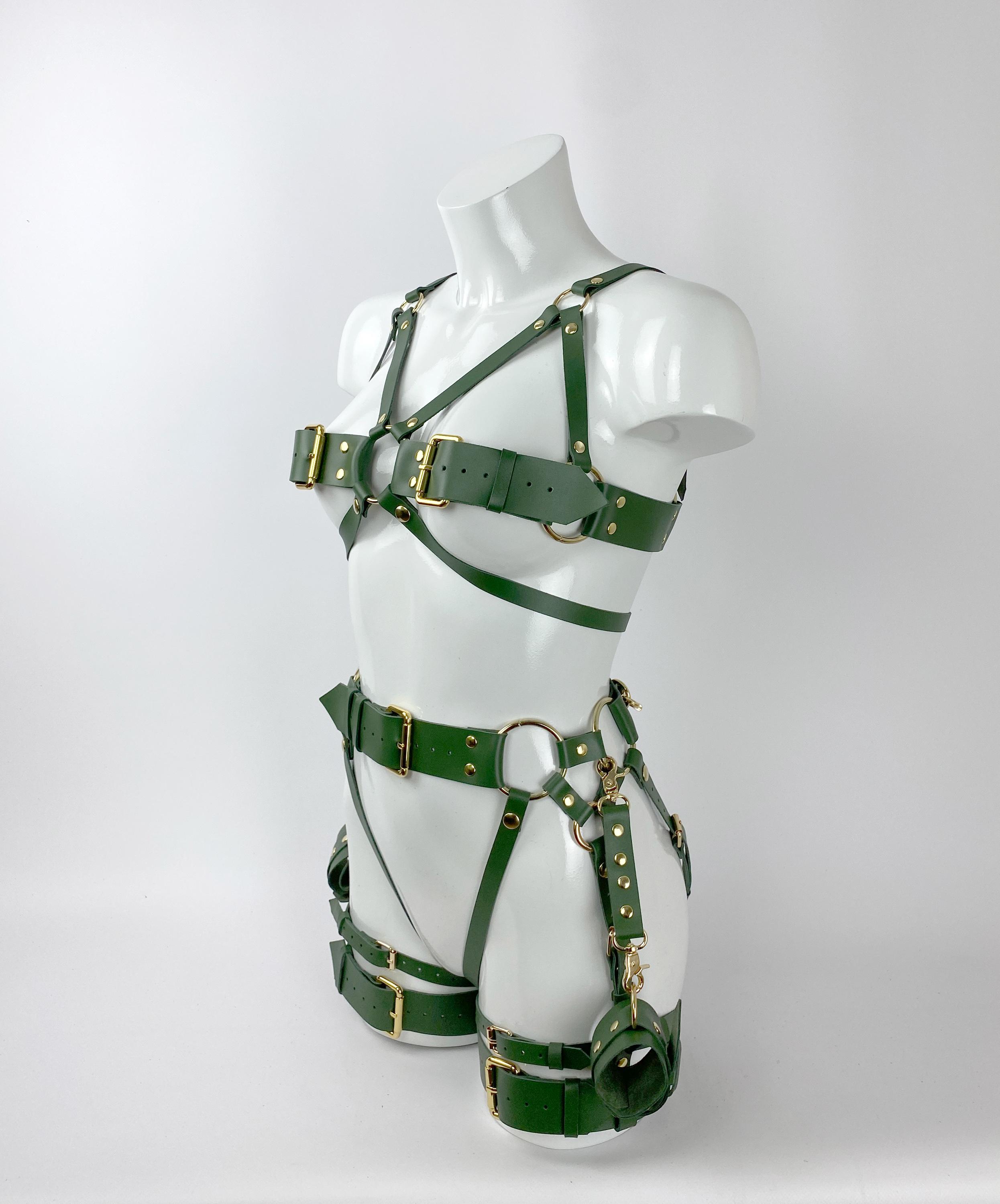 Emerald Leather Harness Leather Body Harness Set & Cuffs, BDSM Harness Bondage Bondage Harness ...