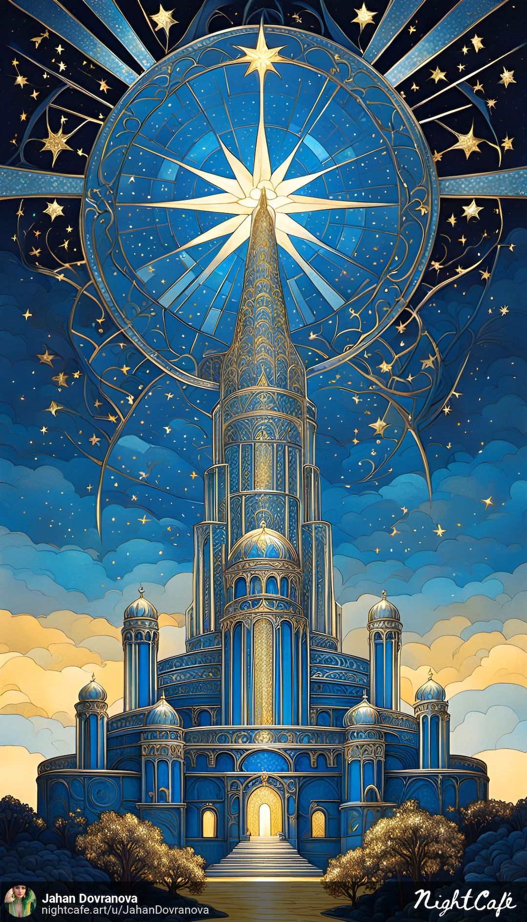 Celestial Fantasy Art Print, Ancient Star Tower Wall Decor, Blue Gold ...