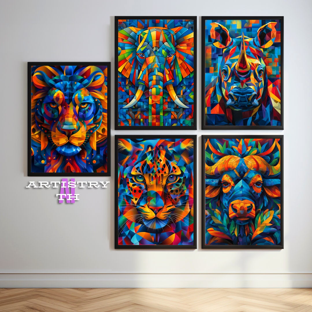 Big Five Animal Wall Art Set, Vibrant Geometric Prints, Colorful ...