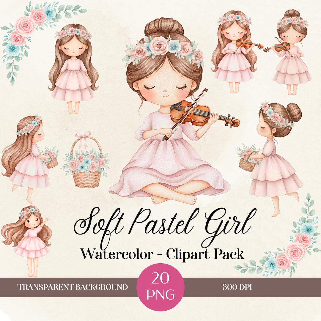 Watercolor Girl Clipart Bundle | Soft Pastel Princess PNG | Cute Floral ...
