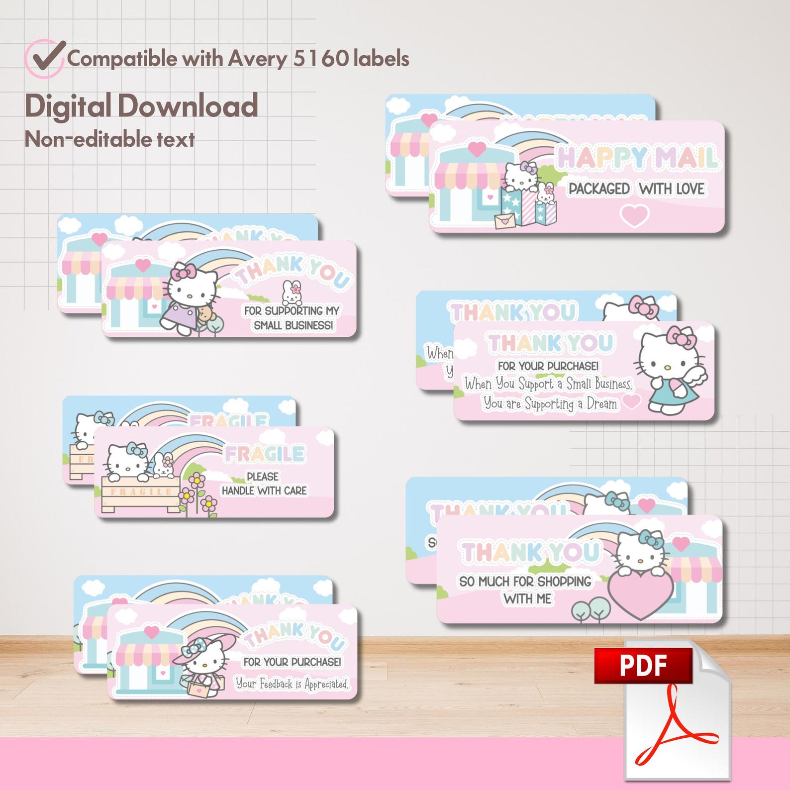 Kawaii Labels Avery 5160 | Kitty |pastel & Rainbow Labels PINK ...