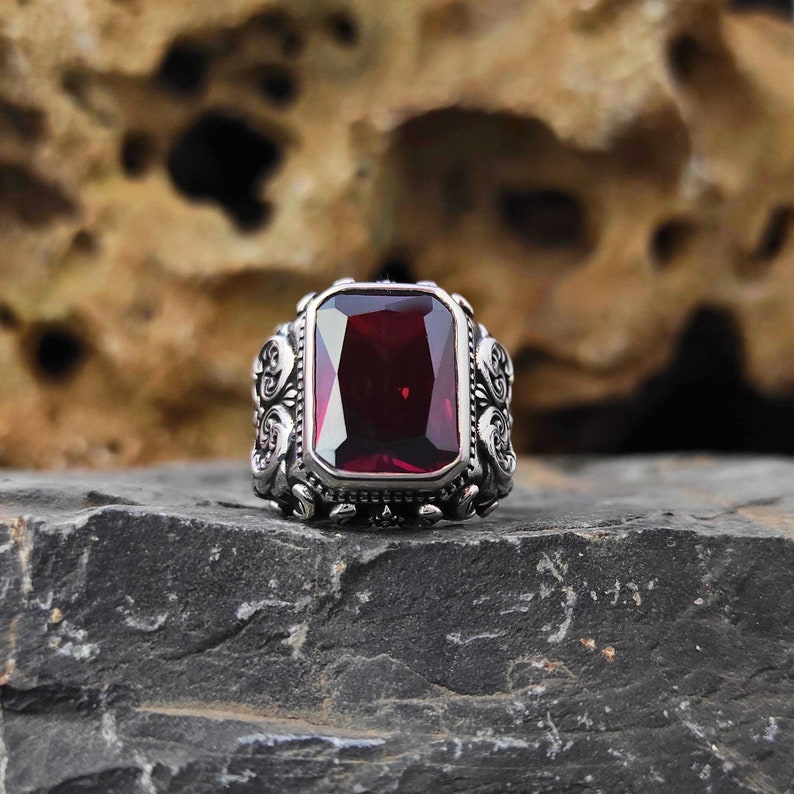 Handmade Red Zircon Gemstone Ring, Engraved Square Design, Unique Mens ...
