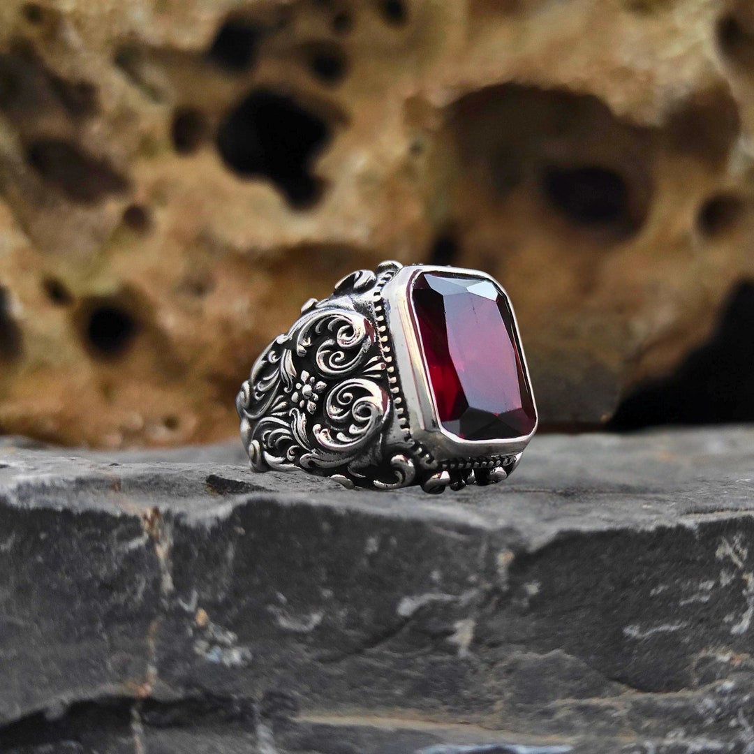 Handmade Red Zircon Gemstone Ring, Engraved Square Design, Unique Mens ...