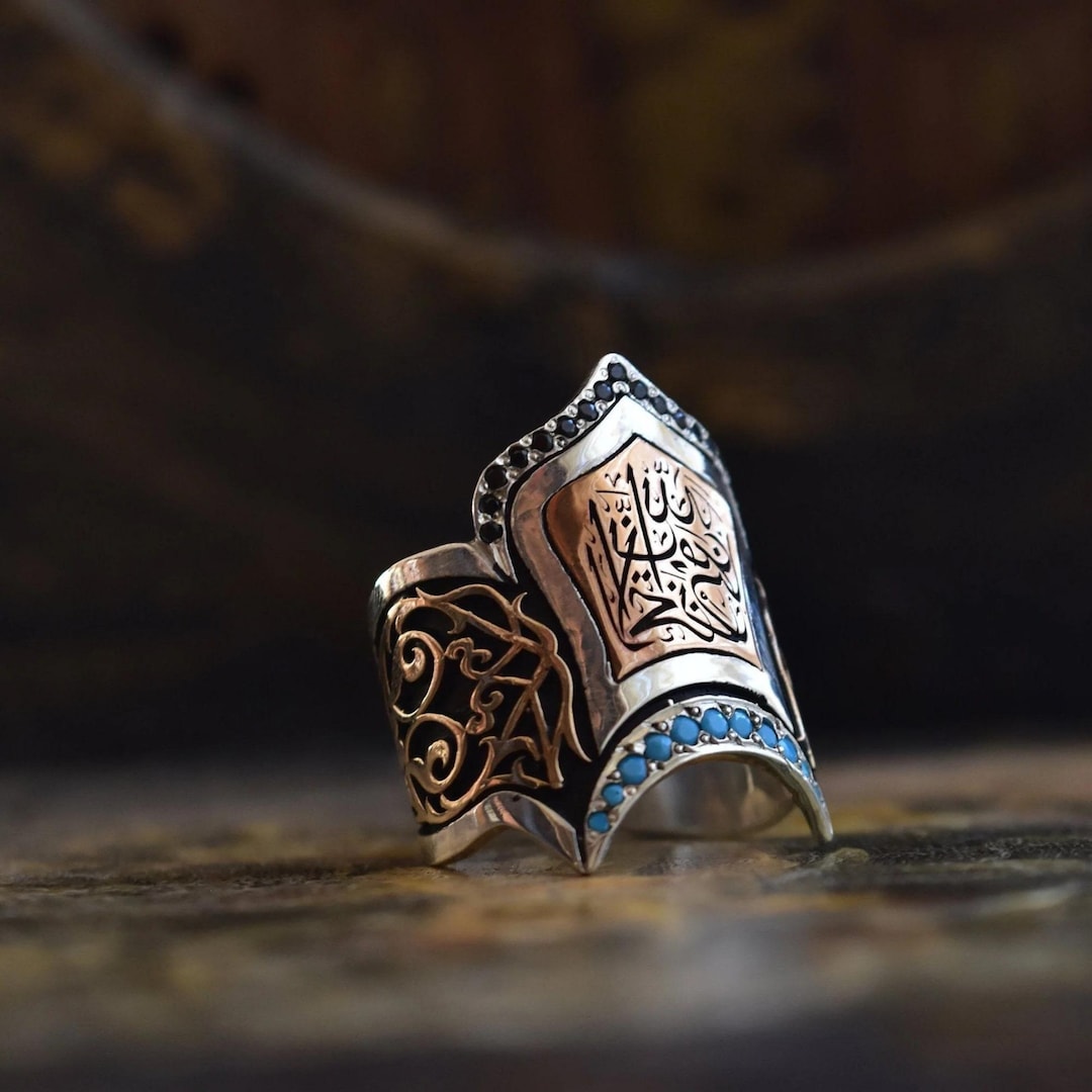 Calligraphy Archer Thumb Ring With Turquoise, Hand Engraved Archer Ring ...