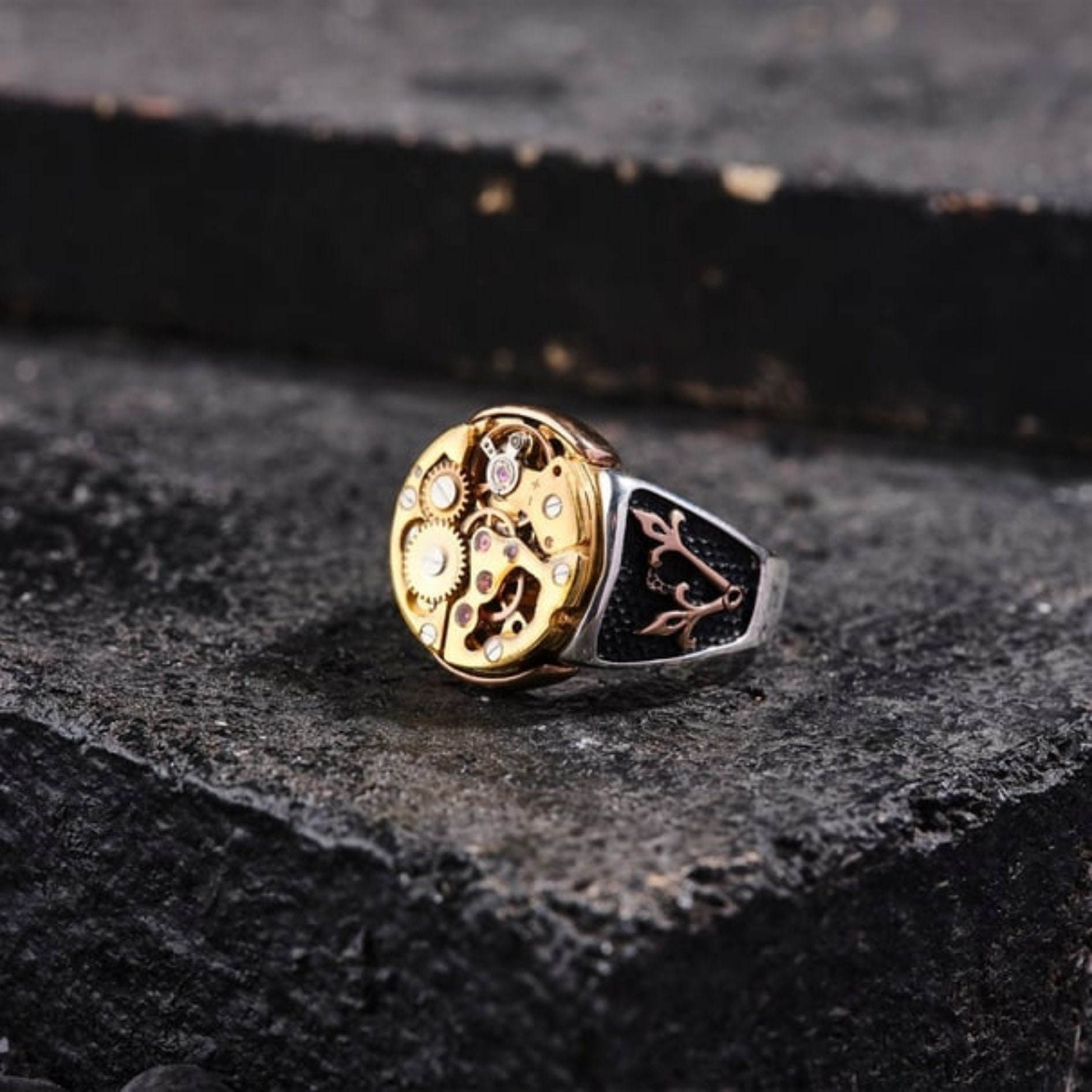 One of A Kind, Clock Mechanism Ring, Silver Men's Ring Model With Clock ...