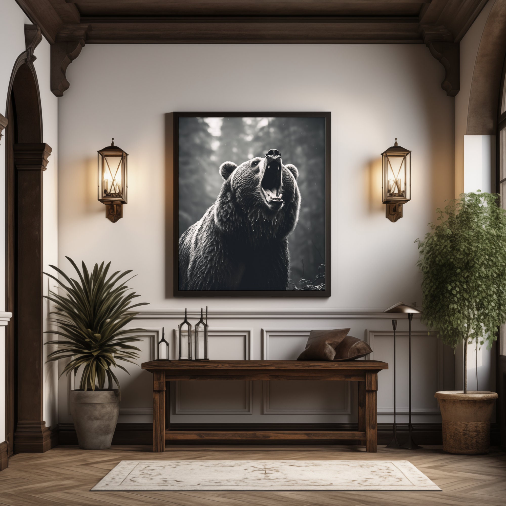 Black Bear Wall Art, Misty Forest Animal Home Decor, Monochrome Bear ...