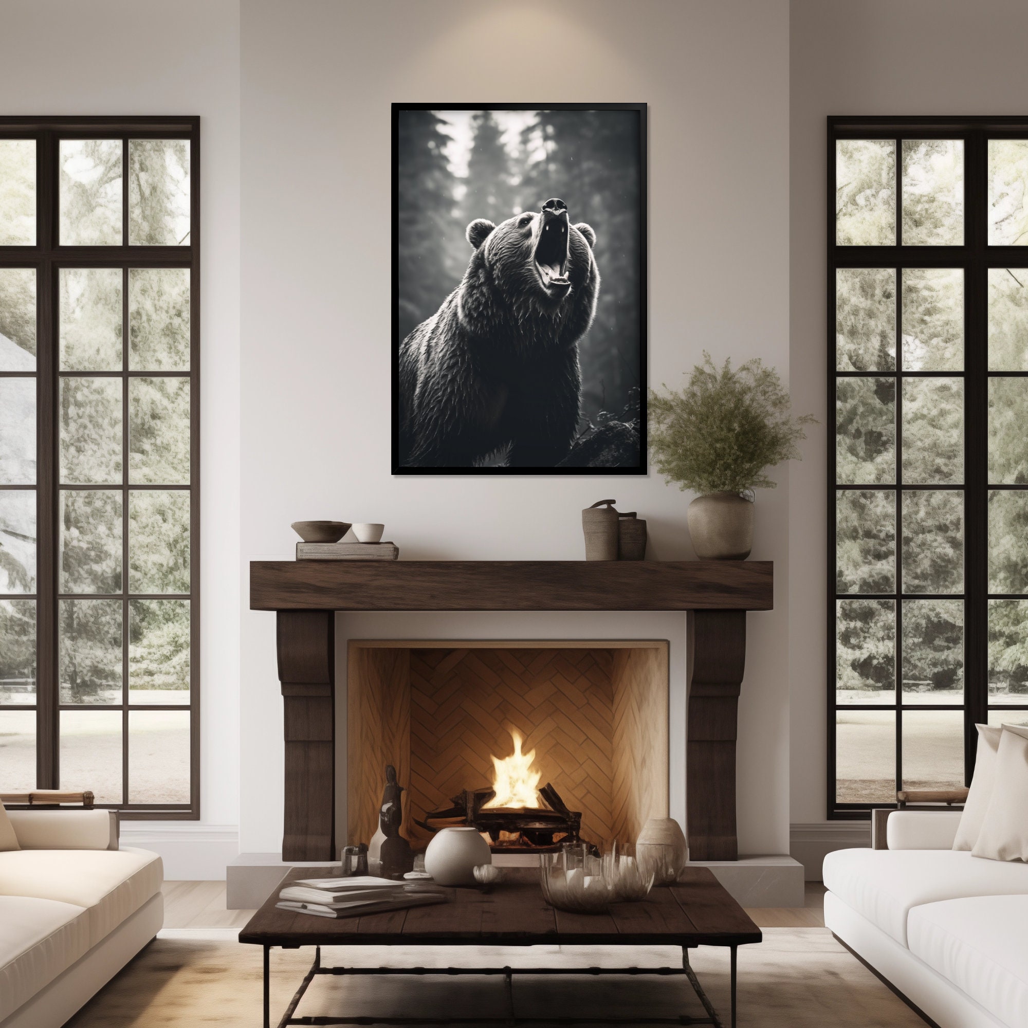 Black Bear Wall Art, Misty Forest Animal Home Decor, Monochrome Bear ...