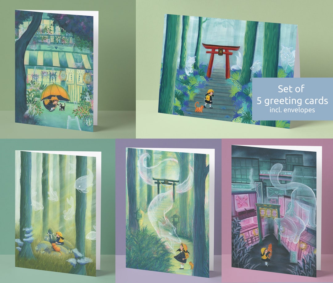 Set of Greeting Cards Japanese Theme, Japanese Cards, Japan Cards ...