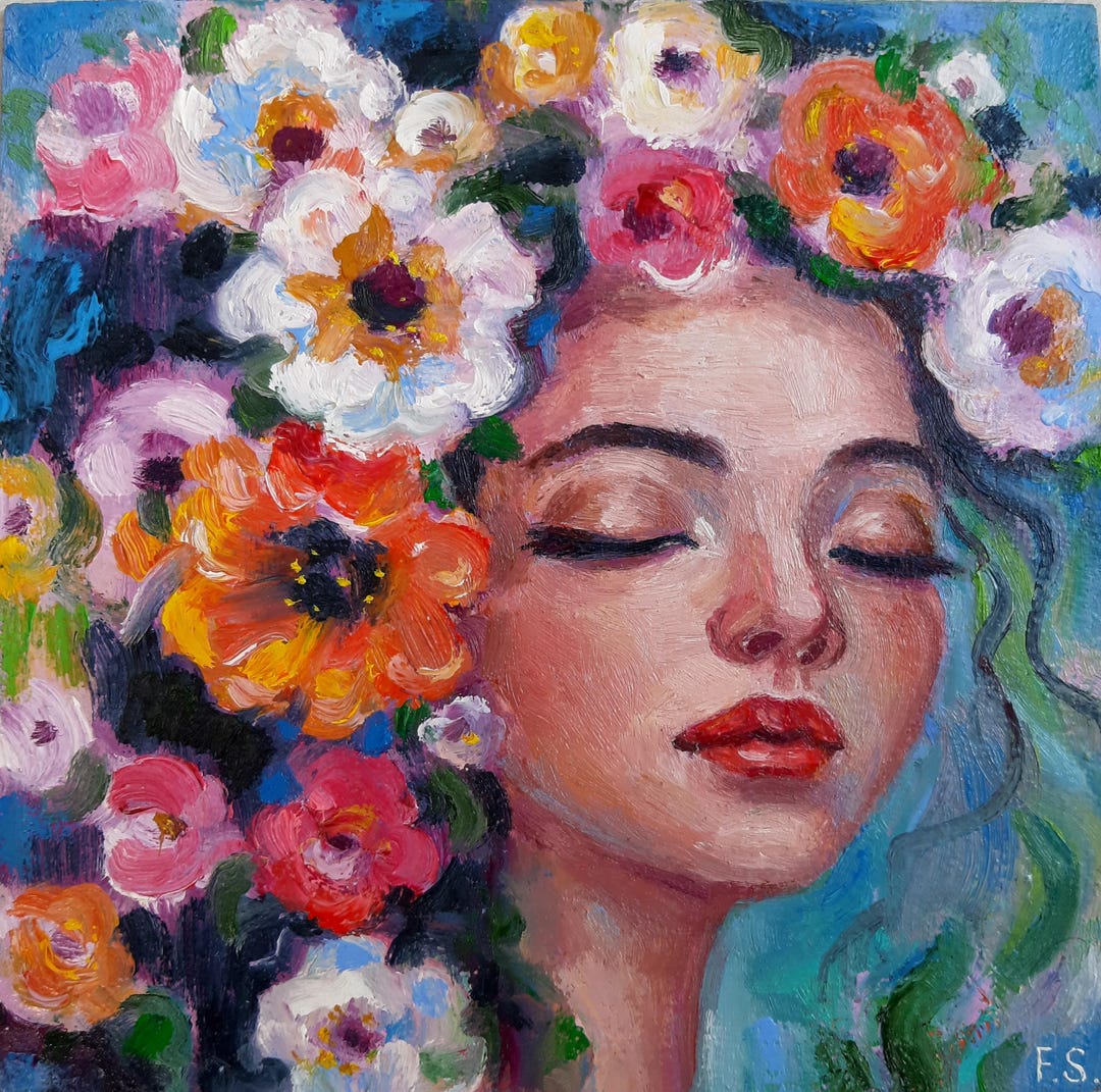 Woman Face Painting Portrait Original Oil Floral Woman Impressionist ...