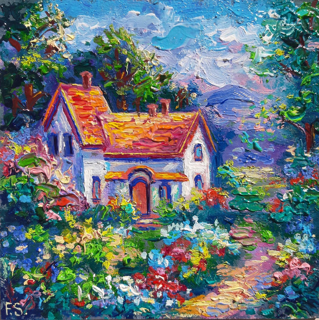 Cottage Garden Painting Original Oil Art Small Impasto Landscape House ...