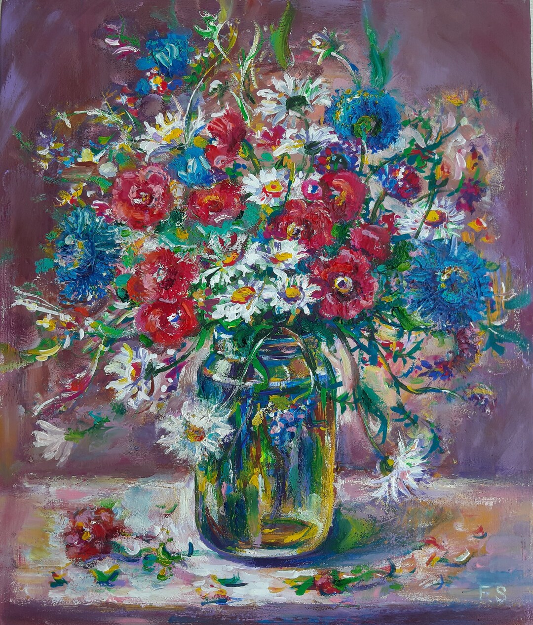 Bouquet Wildflowers Original Oil Painting on Canvas Vase Flower Art ...