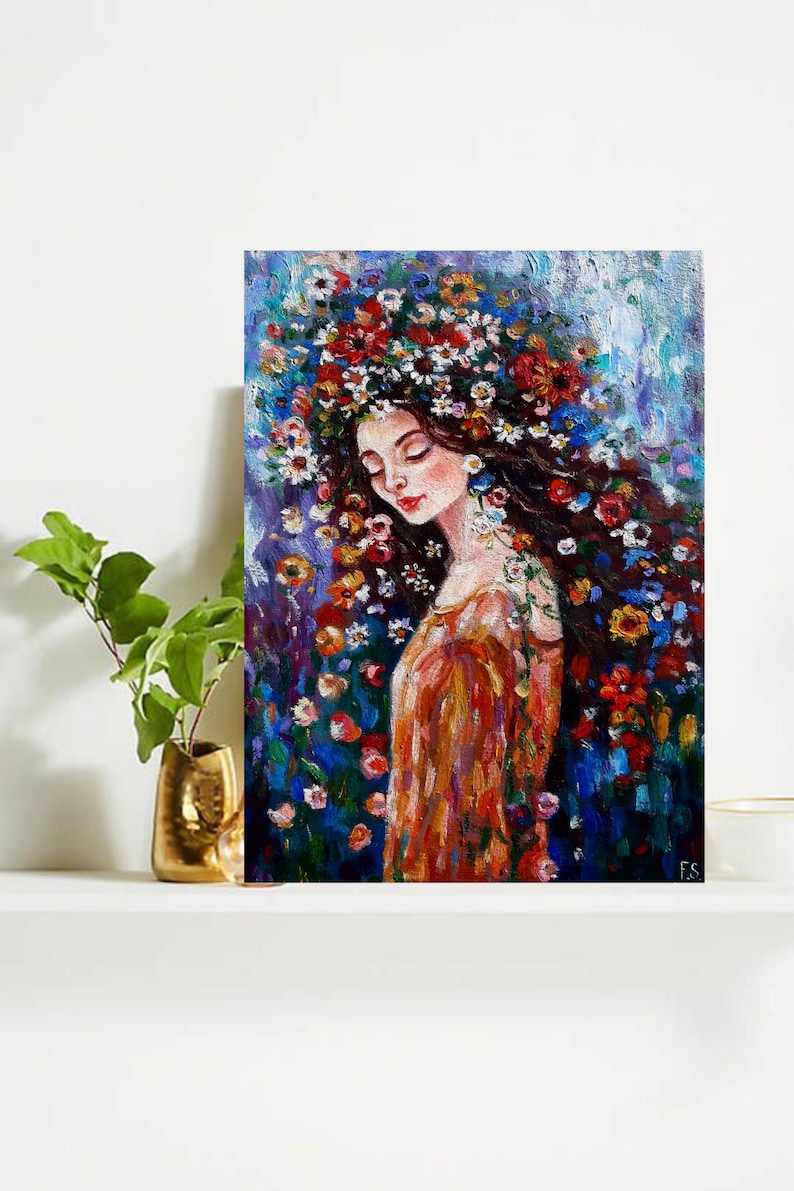 Woman Face Painting on Canvas Original Oil Art Floral Woman Portrait - Etsy