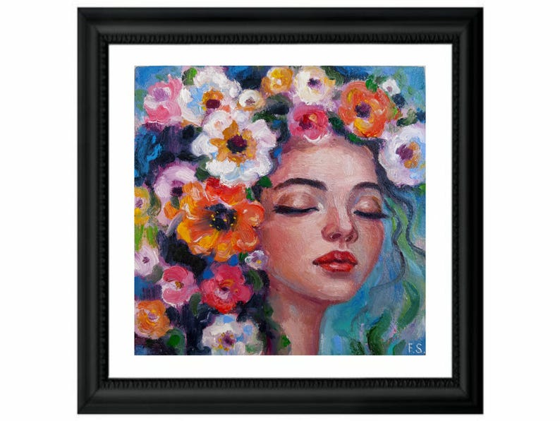 Woman Face Painting Portrait Original Oil Floral Woman Impressionist ...