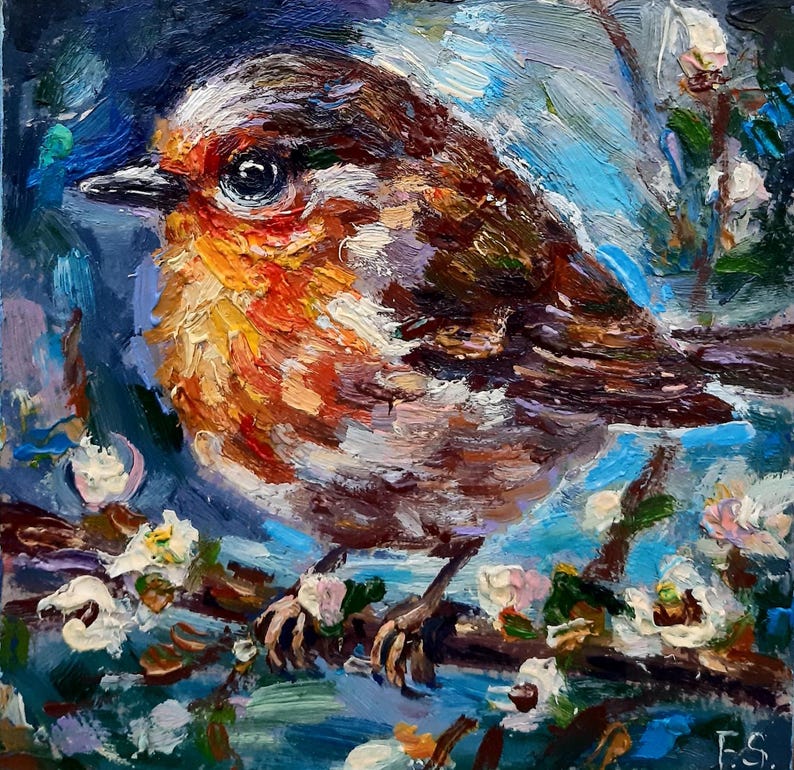 Robin Painting Bird Original Oil Small Art Impasto Impressionist 5 by 5 ...