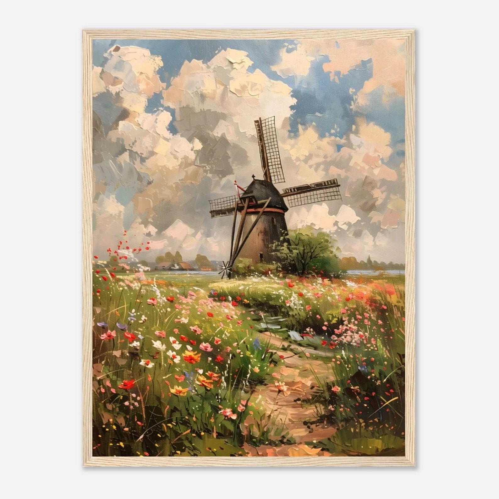 Dutch Windmill With Flower Field in Wooden Frame - Etsy