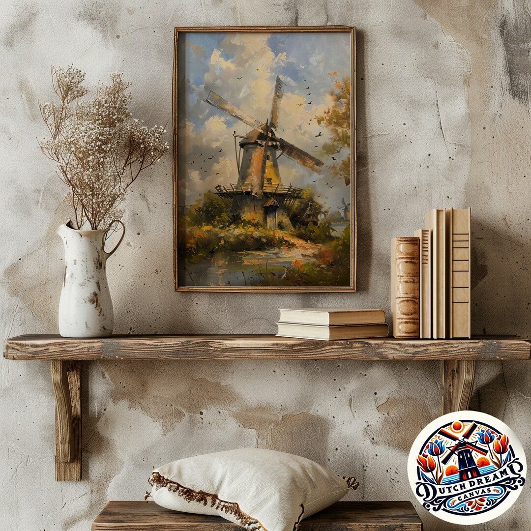 Printable Dutch Vintage Windmill, Landscape Art Print, Digital Download ...