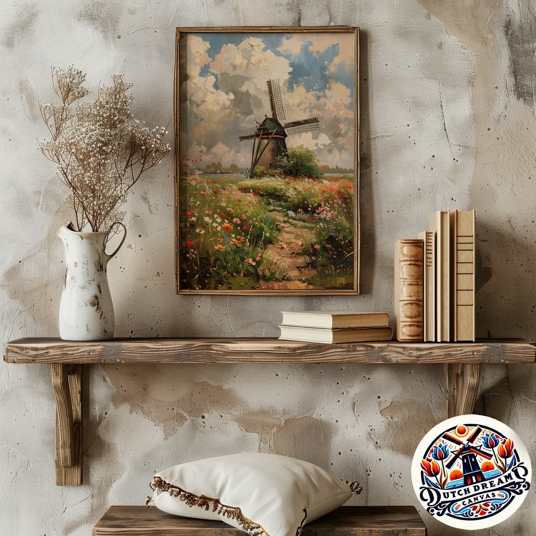 Printable Dutch Windmill With Flower Field, Landscape Art Print ...