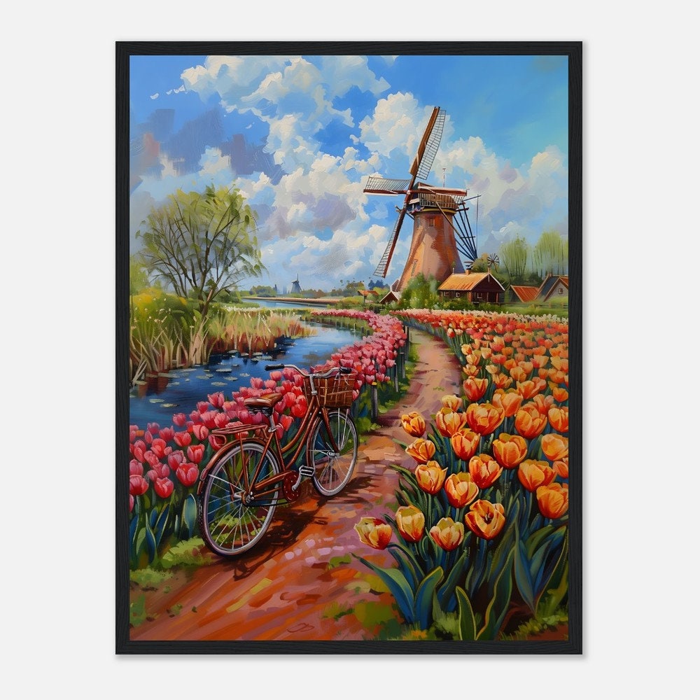 Dutch Windmill With Beautiful Tulip Field and Bike Print in Wooden ...