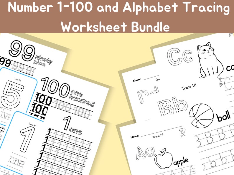 Printable Number 1-100 and Alphabet Tracing Sheets Bundle for ...