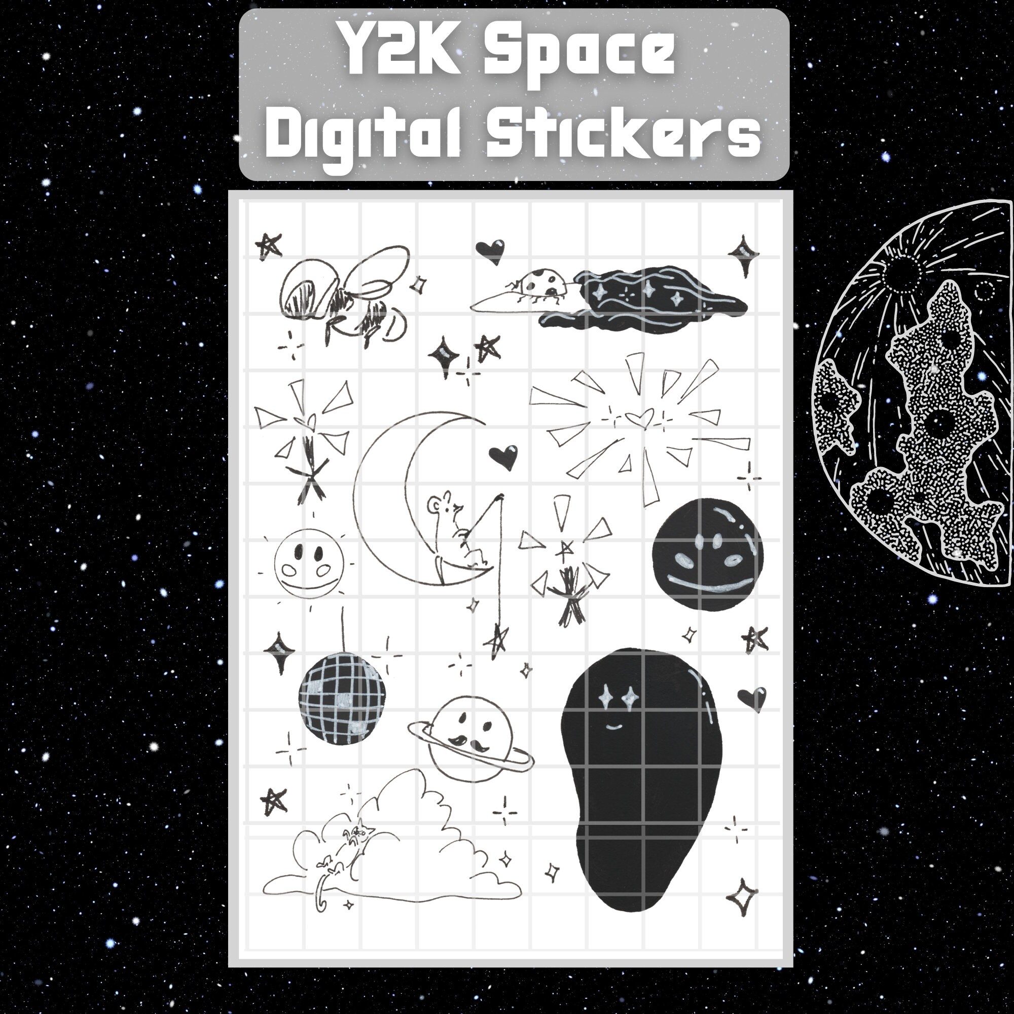 Y2K Space Digital Sticker Pack, Hand Made, Sticker Sheets, PNG Stickers ...