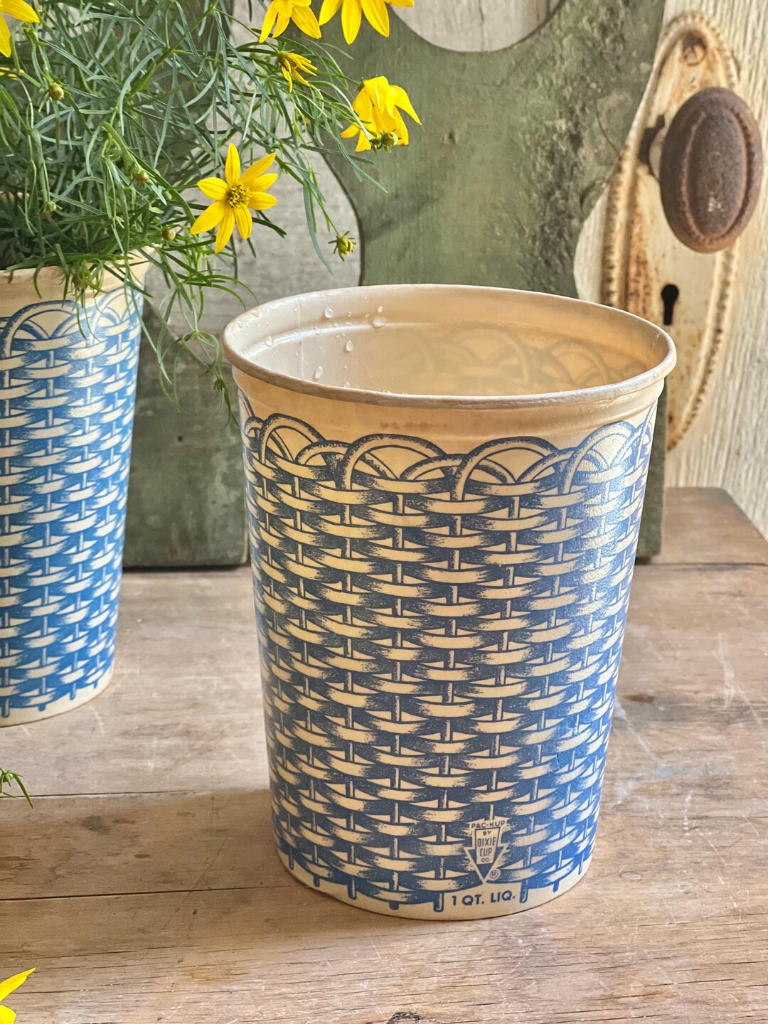 Pair of Vintage Large Waxed Dixie Cups Blue and White Basket Weave ...