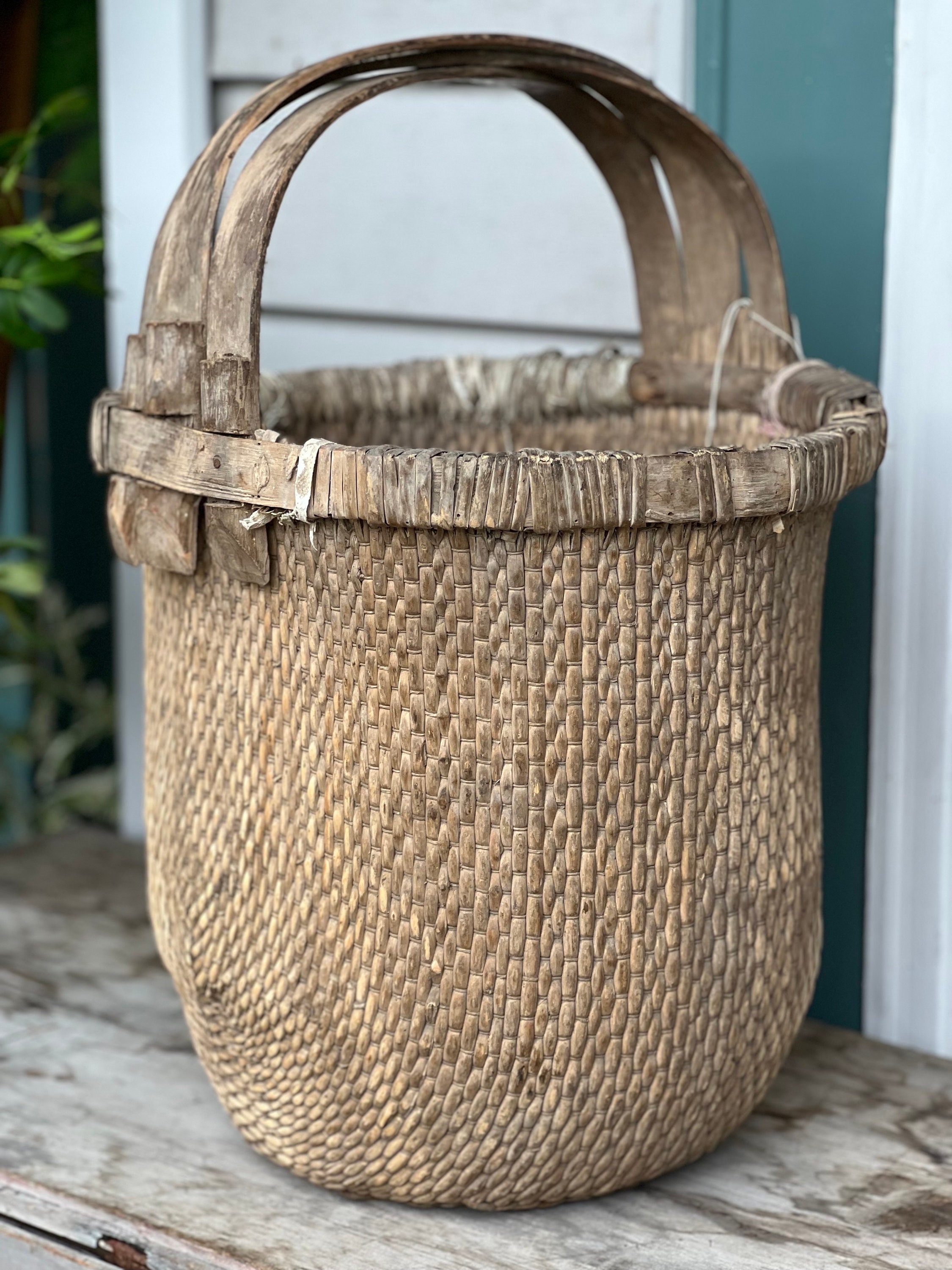 Vintage Chinese Woven Basket With Wood Handle - Etsy