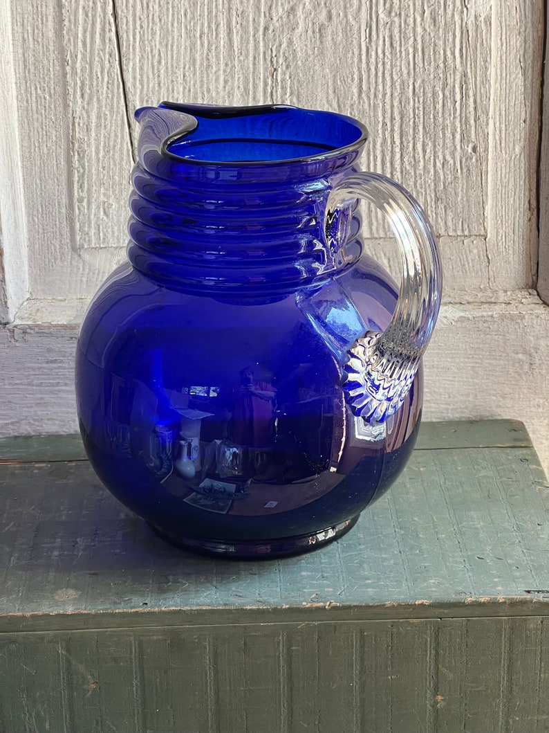 Vintage Cobalt Blue Glass Pitcher - Etsy
