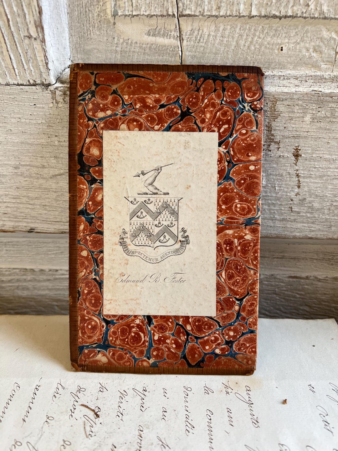 Antique Leather Book Cover Marbled Paper Bookplate - Etsy