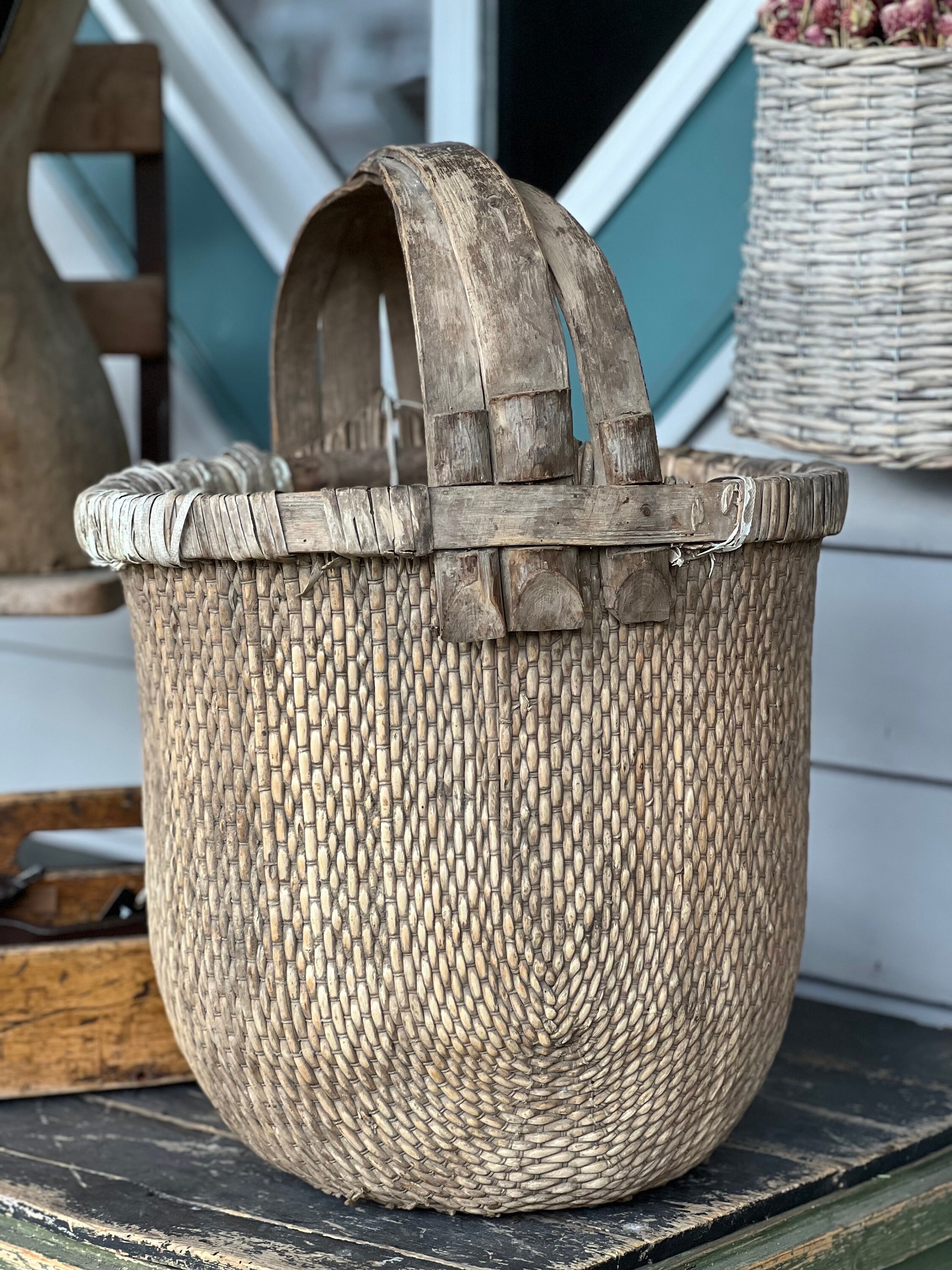 Vintage Chinese Woven Basket With Wood Handle - Etsy