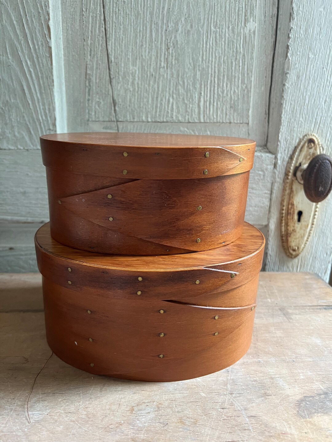 Shaker 4 Finger Joint Oval Bentwood Band Lidded Box With Copper Tacks ...
