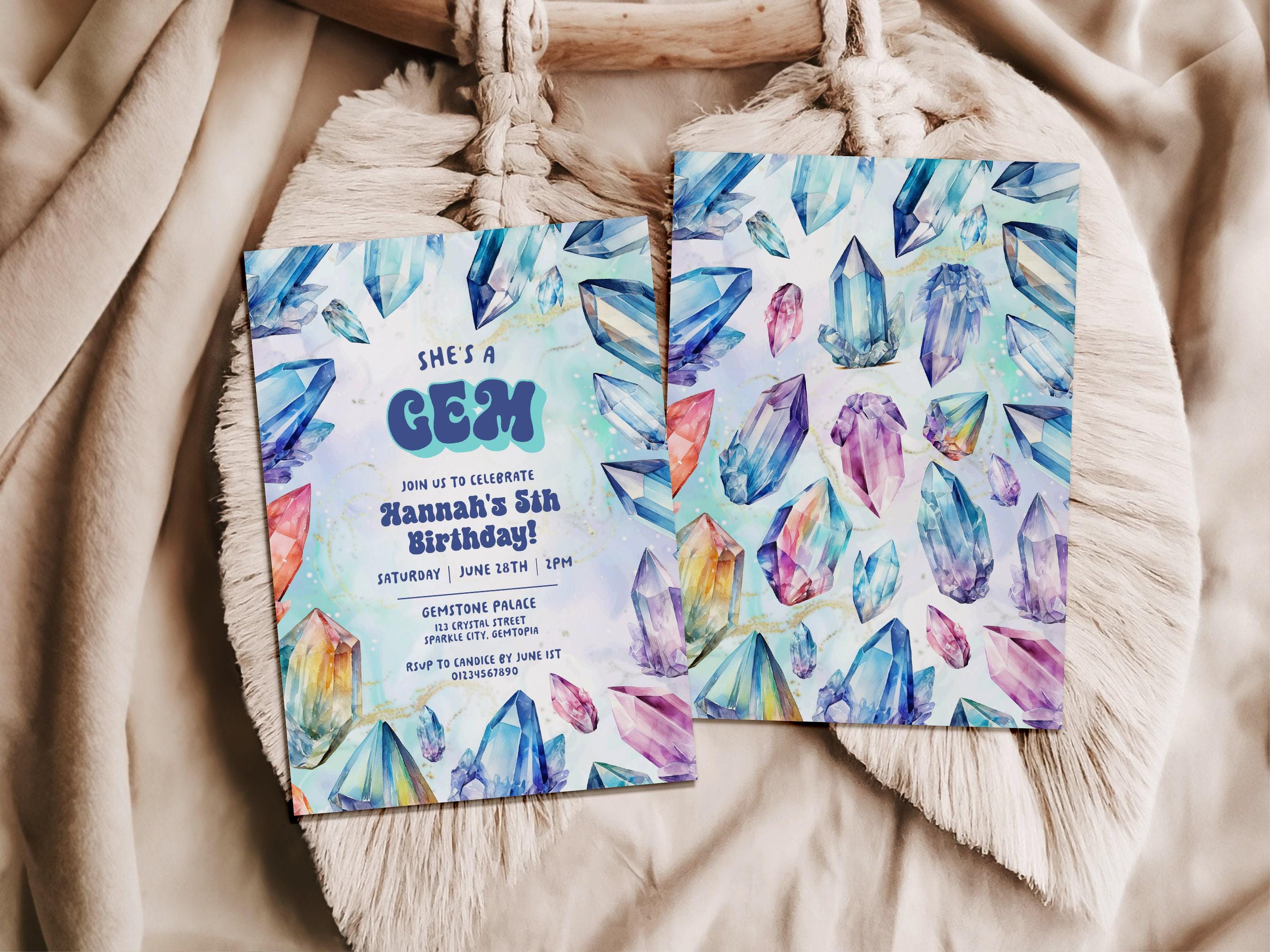 Crystal Gemstone Birthday Invitation - 'she's a Gem' Purple Blue Retro ...