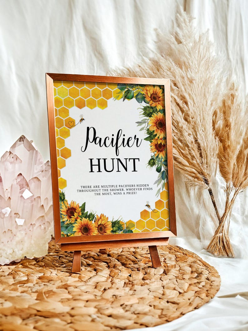 Pacifier Hunt Baby Shower Game Sign - Editable Sunflower & Bee Theme ...