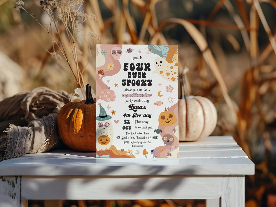 Four Ever Spooky 4th Birthday Invitation - Halloween Retro Fourth Boo ...
