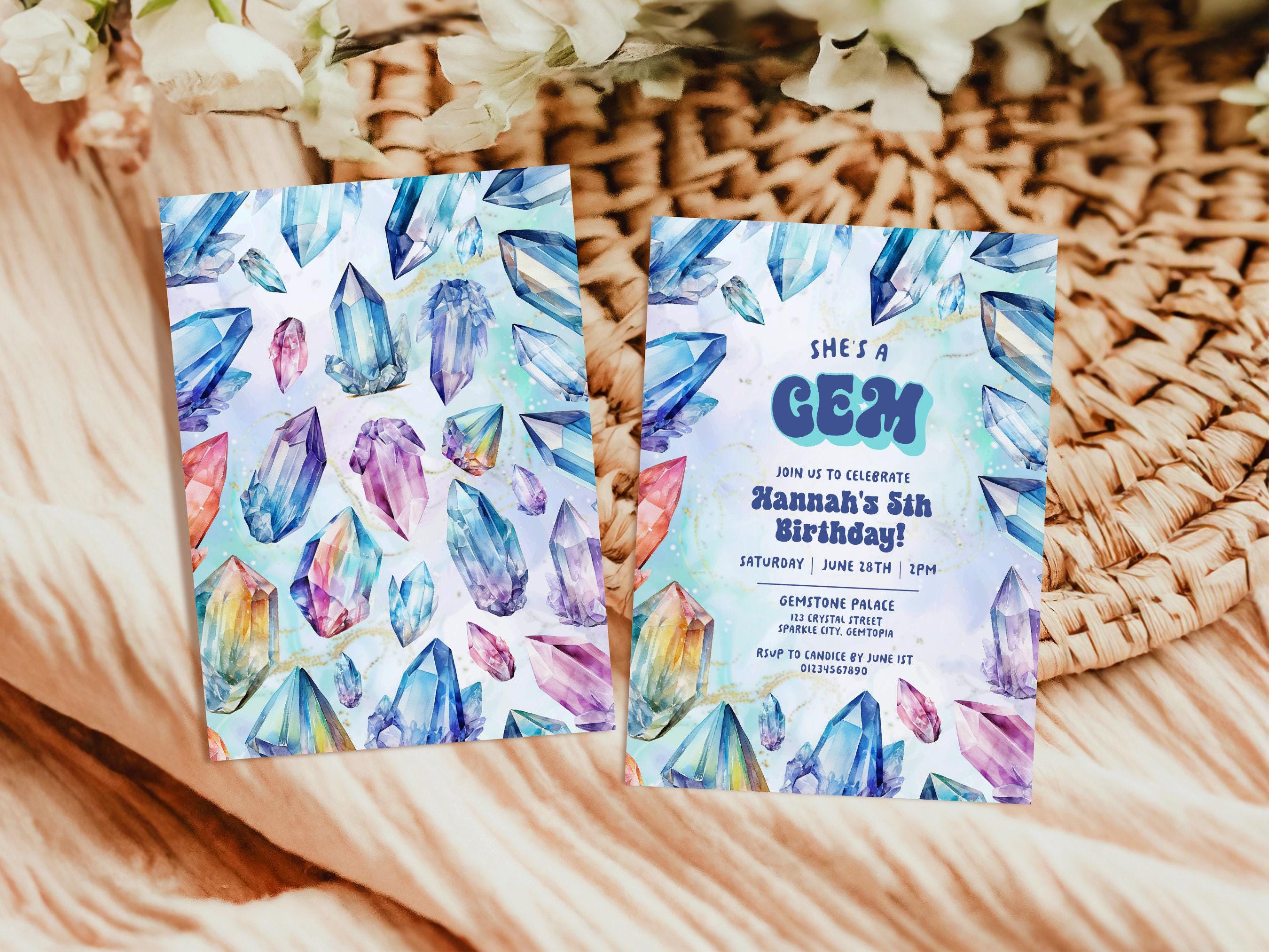 Crystal Gemstone Birthday Invitation - 'she's a Gem' Purple Blue Retro ...