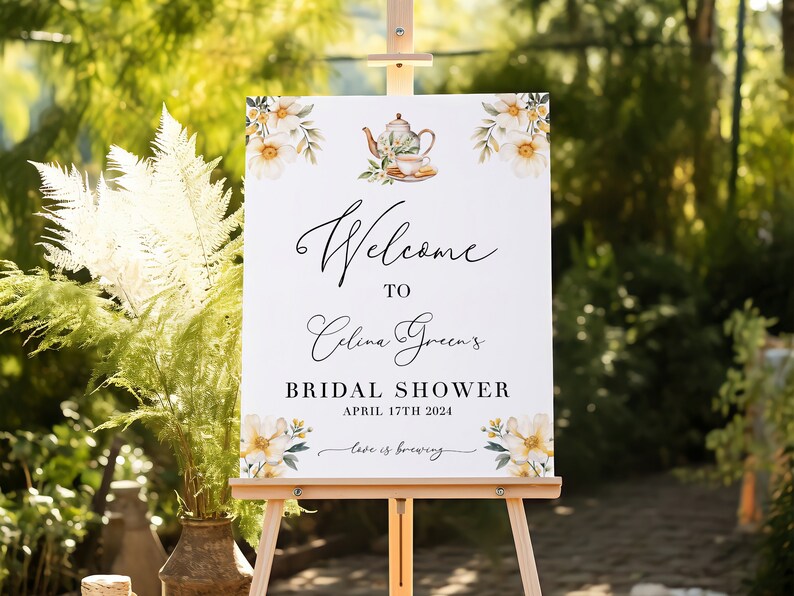 Tea Party Bridal Shower Welcome Sign - Love is Brewing, White Yellow ...